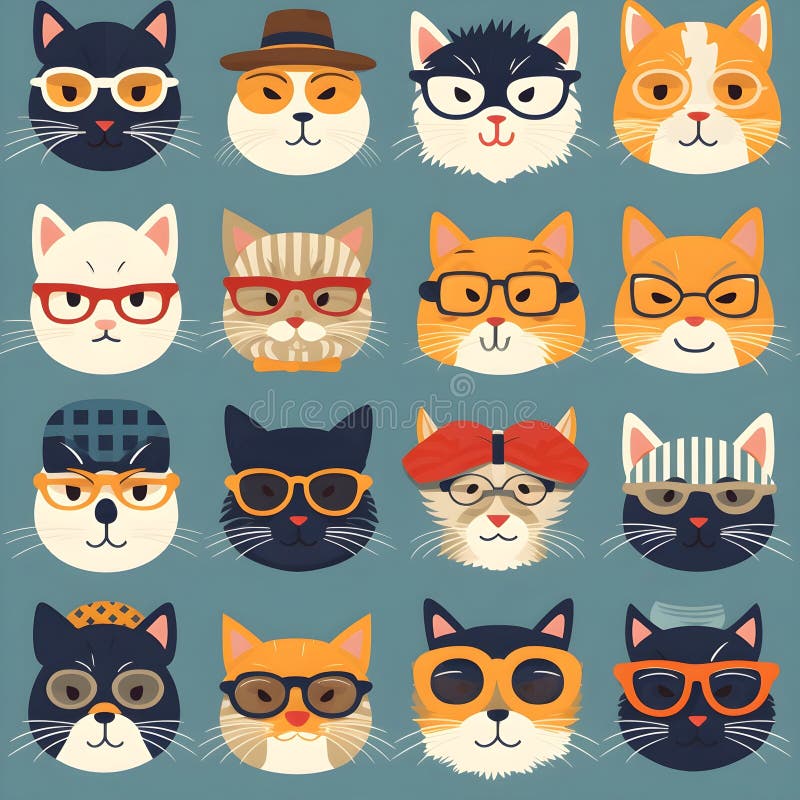 Hipster Cute Cats with Seamless Pattern Stock Illustration ...