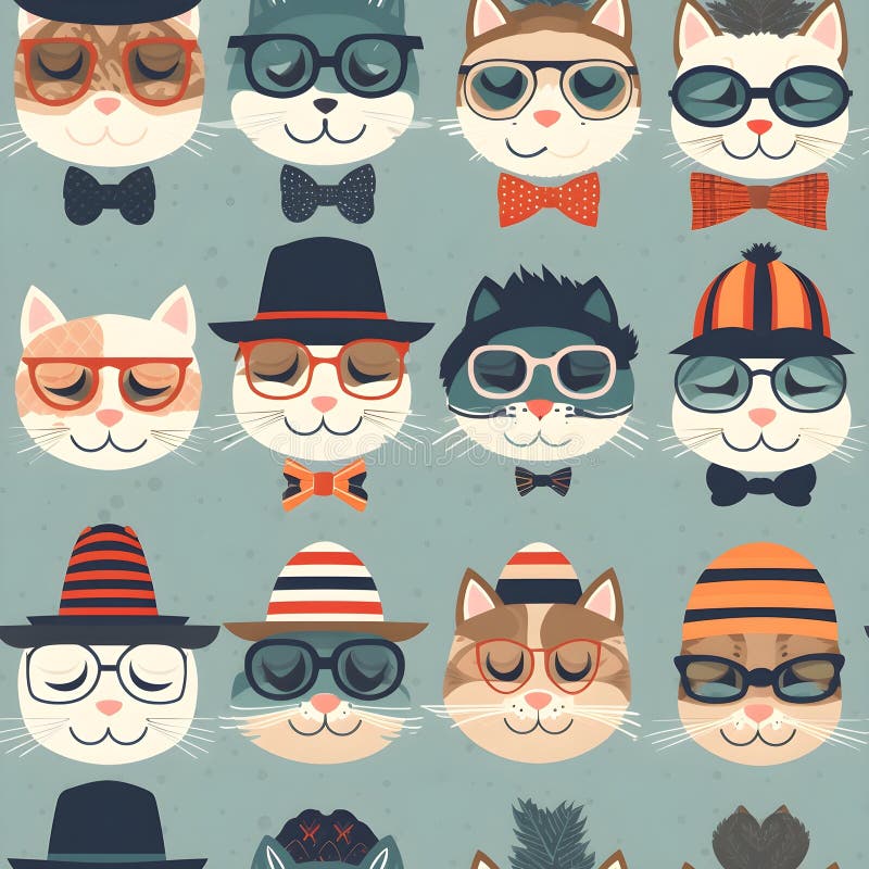 Hipster Cute Cats with Seamless Pattern Stock Illustration ...