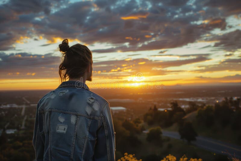 Hipster with a Denim Jacket Watching a Sunset from a Hilltop Stock ...