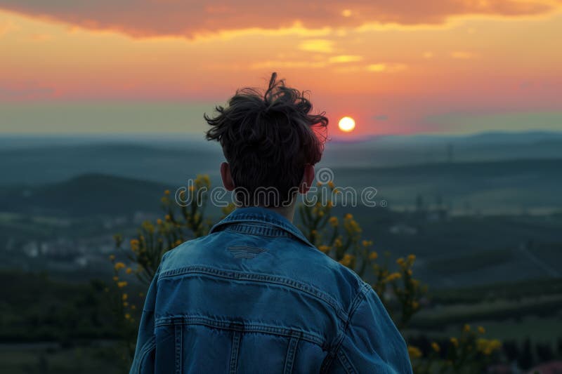 Hipster with a Denim Jacket Watching a Sunset from a Hilltop Stock ...