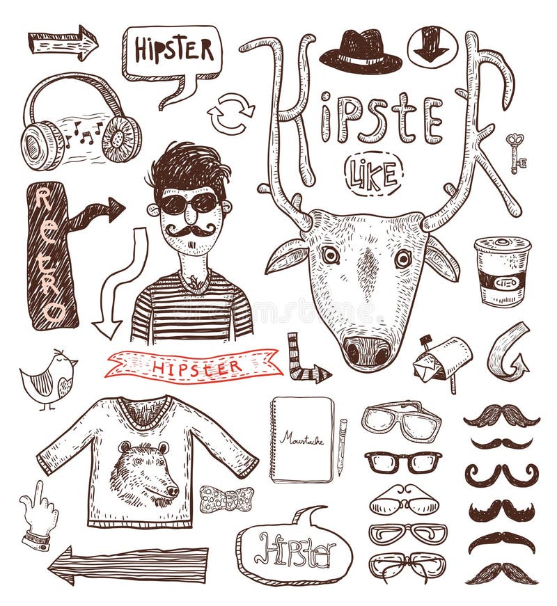 Hipster Doodle Set, Hand Drawn Illustration Stock Vector - Illustration ...