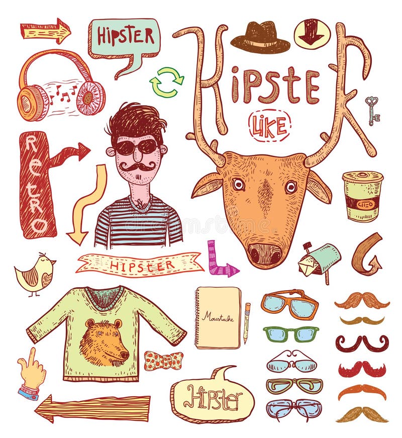 Hipster Doodle Set, Hand Drawn Illustration Stock Vector - Illustration ...