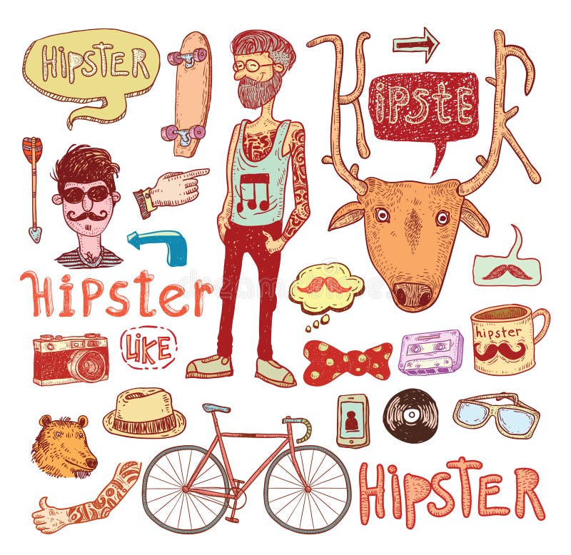 Hipster Doodle Set, Hand Drawn Illustration Stock Vector - Illustration ...