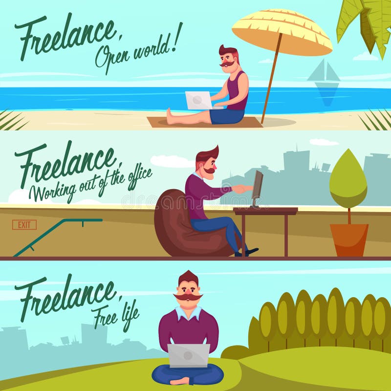 Hipster Freelancer Banners Set Stock Vector - Illustration of graphic ...