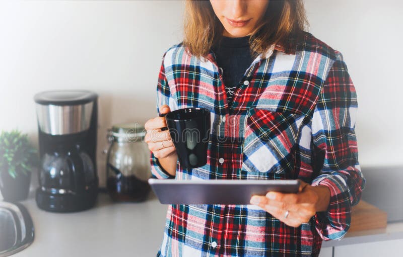 Hipster Girl Drink Coffee in Kitchen Using Tablet Technology, Isolation ...