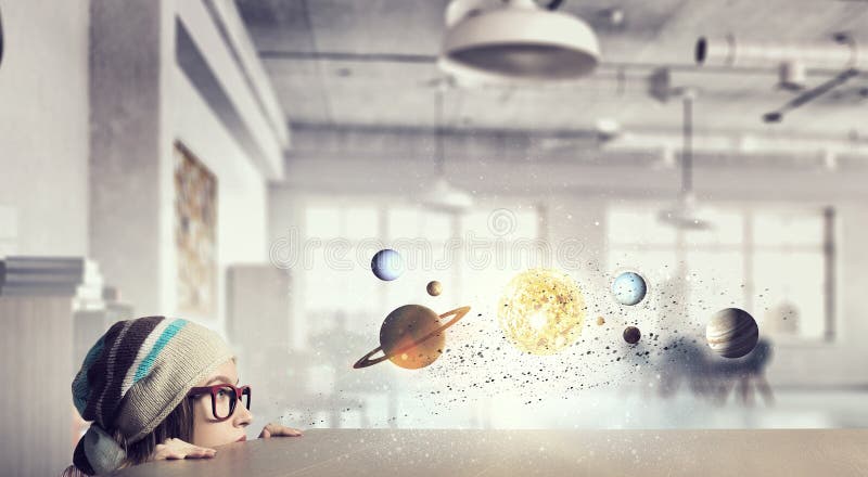 Hipster Girl Looking from Under Table . 3D Render Stock Image - Image ...