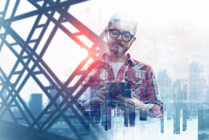 Hipster Guy Use Smartphone . Mixed Media Stock Photo - Image of working ...