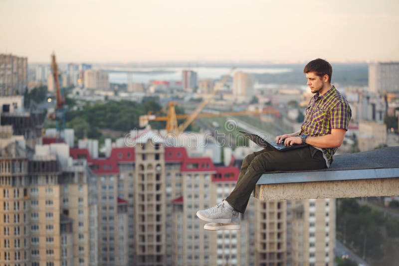 Hipster with Laptop on Roof Stock Image - Image of manager, modern ...