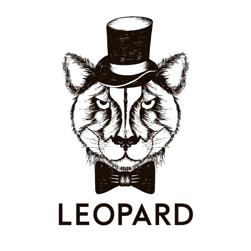 Hipster Leopard Muzzle Wearing Top Hat and Bowtie Vector Hand Drawn ...