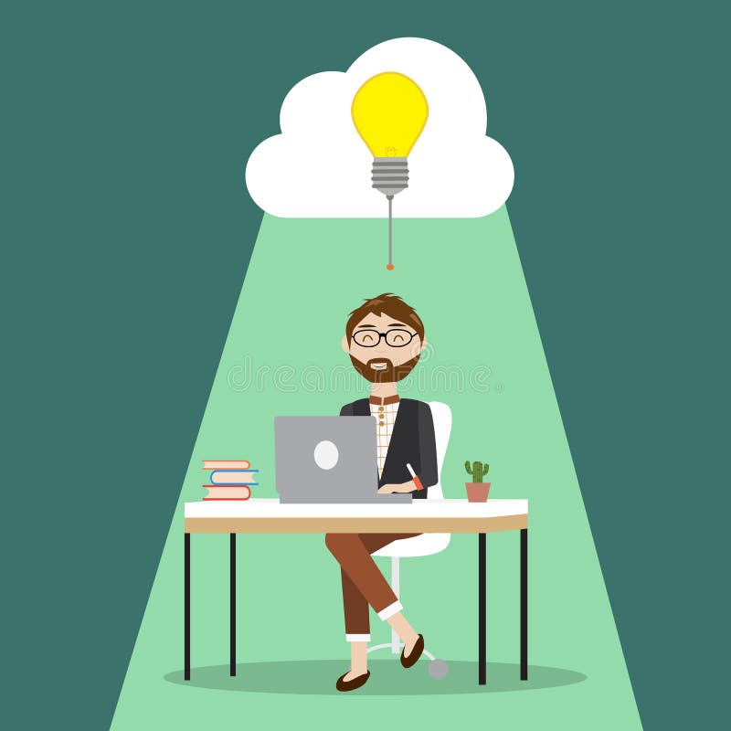 Hipster Man Have the Idea and Store in Th Cloud Concept.illustr Stock ...