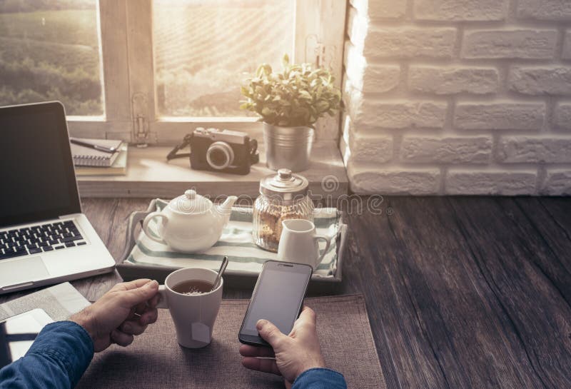 Relaxing Breakfast at the Cafe Stock Image - Image of relax, phone ...