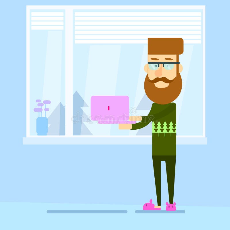 Hipster Man Holding Laptop Computer Stand Near Window Home Stock Vector ...