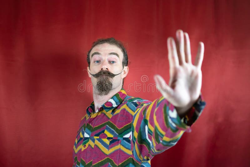 Hipster Man with Mustache Saying No or Stop and Looking at Camera with ...