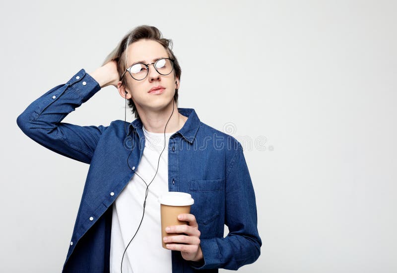 Hipster Man Standing with Takeaway Coffee Over Light Grey Background ...