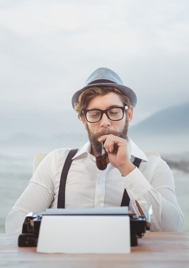 Hipster Man on Typewriter with Foggy Mountain Landscape Stock Image ...