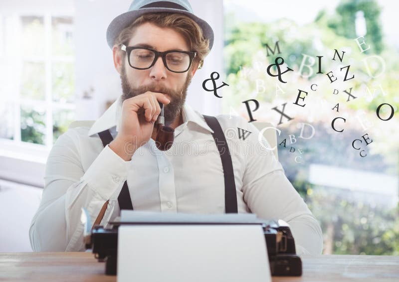 Hipster Man on Typewriter with Letters and Bright Windows Stock Photo ...