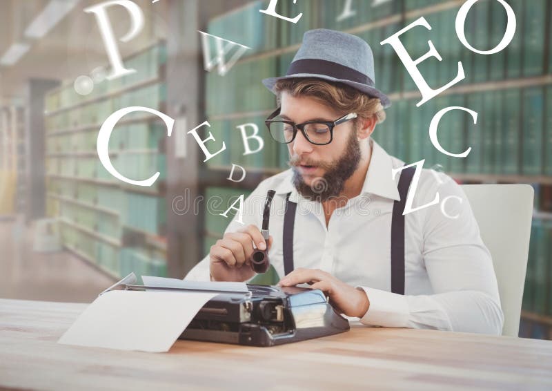 Hipster Man on Typewriter with Letters in Library Stock Image - Image ...