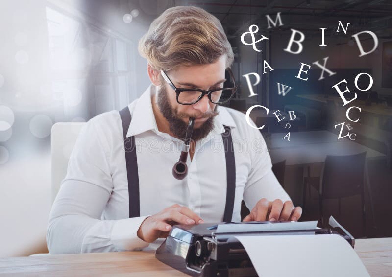 Hipster Man on Typewriter with Letters in Work Space Stock Photo ...