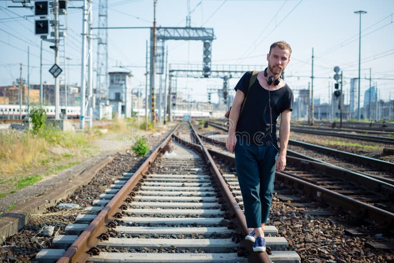 Hipster Modern Stylish Blonde Man on Rails Stock Photo - Image of rails ...
