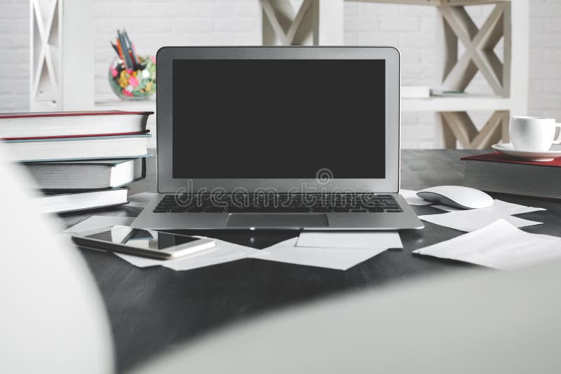 Hipster Office Desktop with Empty Laptop Screen Stock Image - Image of ...