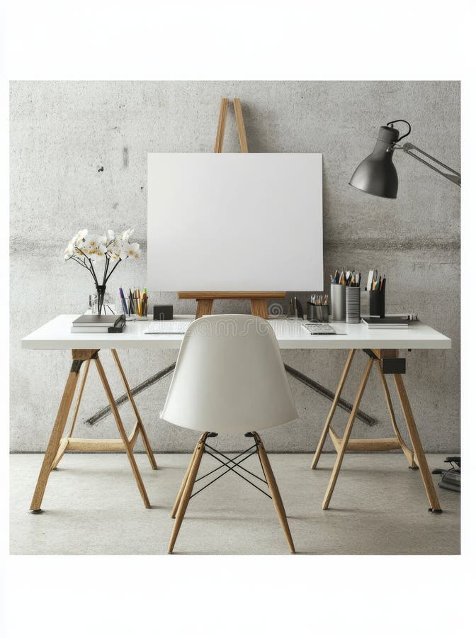 In a Hipster Office, a Wooden Desk with Retro Decoration Style Serves ...