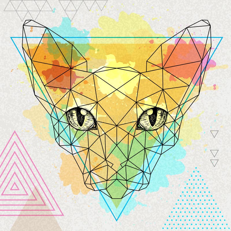 Hipster Polygonal Animal Sphynx Cat on Abstract Watercolor Background ...