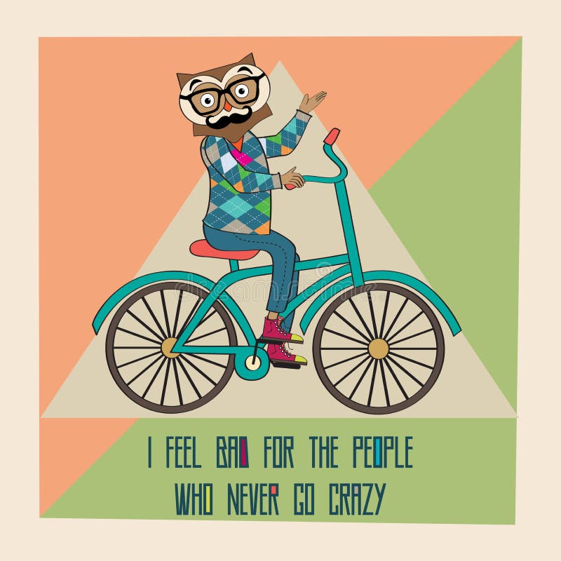 Hipster Poster with Nerd Owl Riding Bike Stock Vector - Illustration of ...