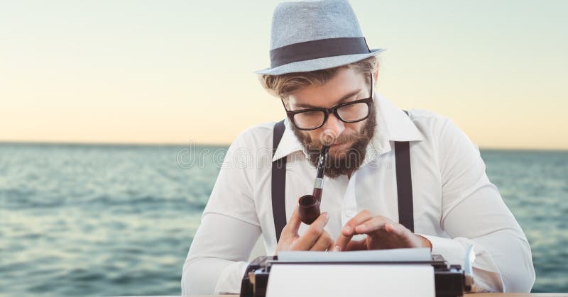 Hipster Smoking Pipe while Using Typewriter Against Sea Stock Photo ...