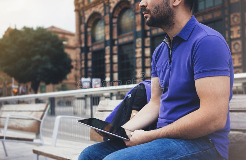 Hipster Texting Message on Tablet Computer or Technology Blank Screen ...