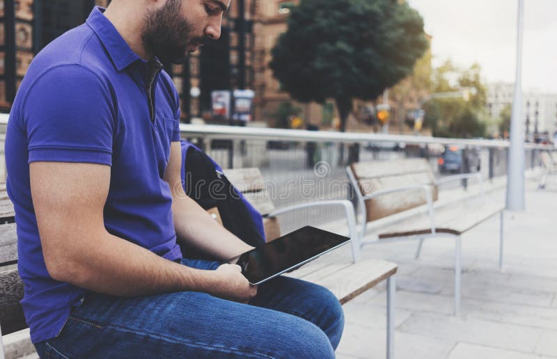 Hipster Texting Message on Tablet Computer or Technology Blank Screen ...