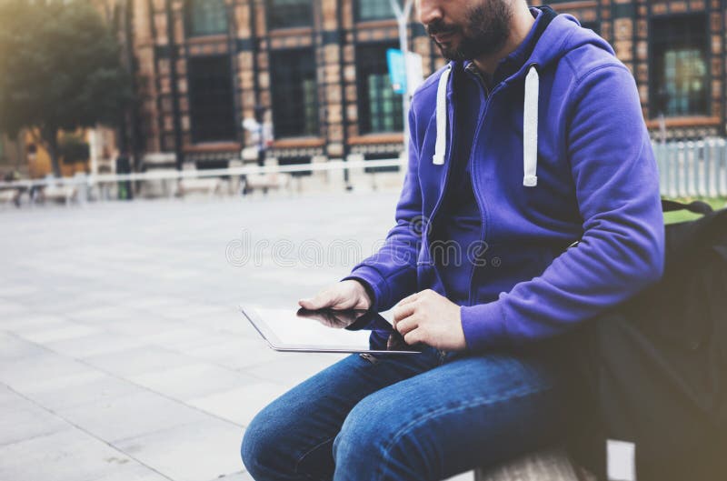 Hipster Texting Message on Tablet Computer or Technology Blank Screen ...