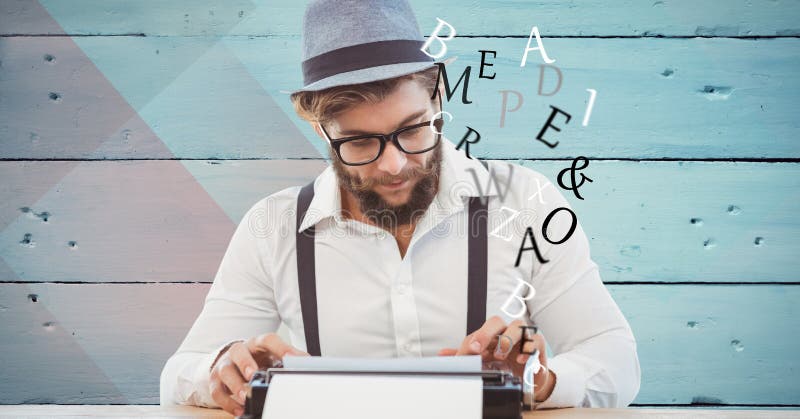 Hipster Using Typewriter while Letters Flying Against Wall Stock Image ...