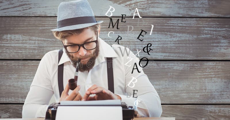 Hipster Using Typewriter while Smoking Pipe Against Wooden Wall Stock ...