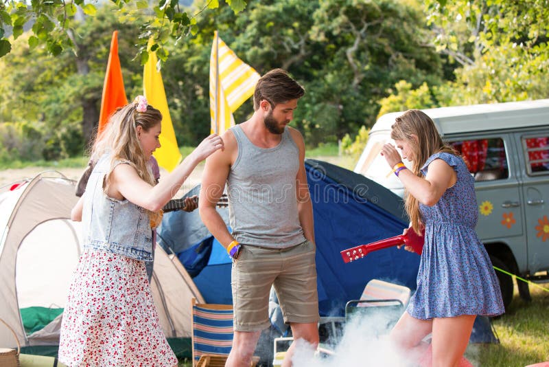 Hipsters Having Fun in Their Campsite Stock Photo - Image of ...