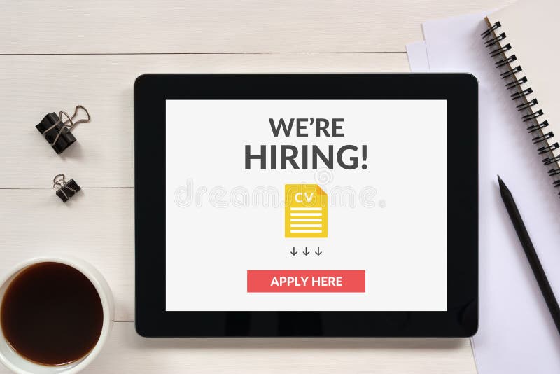 We are Hiring Apply Now Concept on Tablet Screen with Office Obj Stock ...