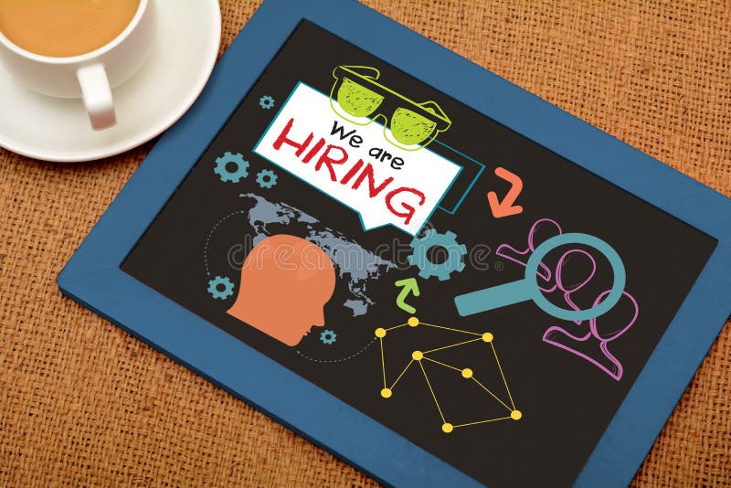 We are Hiring Drawing on Blackboard with Cup of Tea Stock Photo - Image ...
