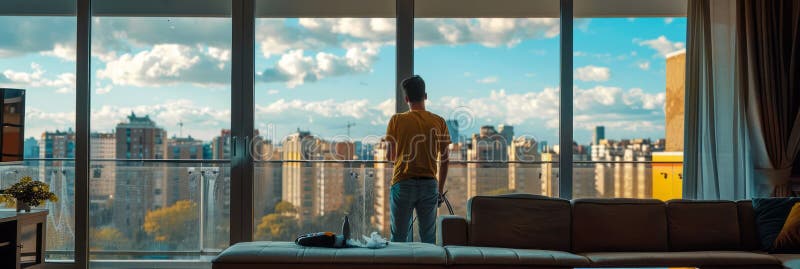 In His Apartment, a Man Carefully Washes the Windows, Using a Cloth and ...