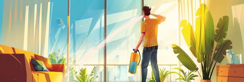 In His Apartment, a Man Carefully Washes the Windows, Using a Cloth and ...