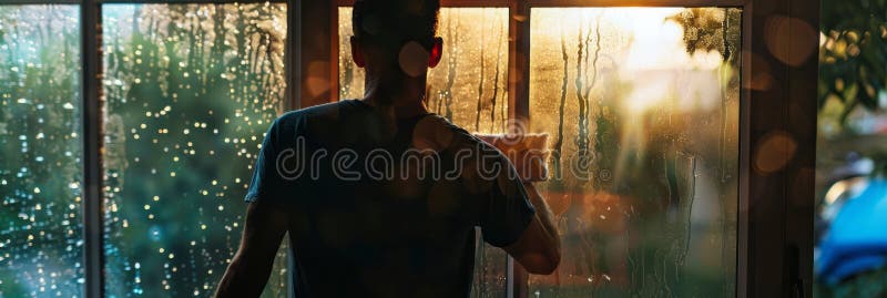In His Apartment, a Man Carefully Washes the Windows, Using a Cloth and ...