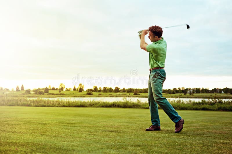 His Best Shot yet. a Man Practicing His Swing on the Golf Course. Stock ...