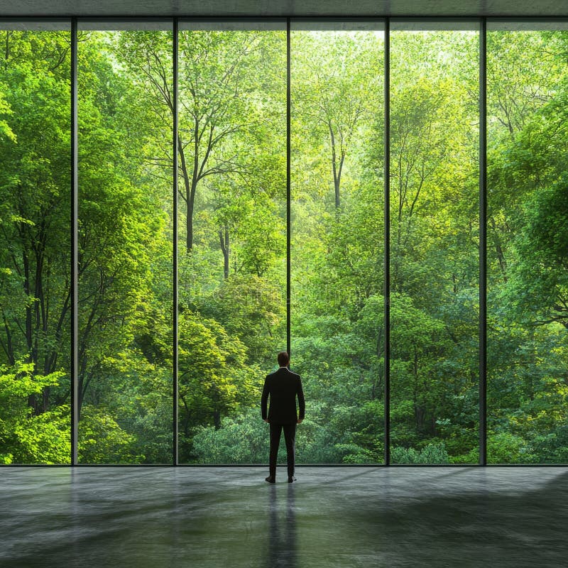 From His Modern Office Featuring Large Windows, a Businessman Looks ...