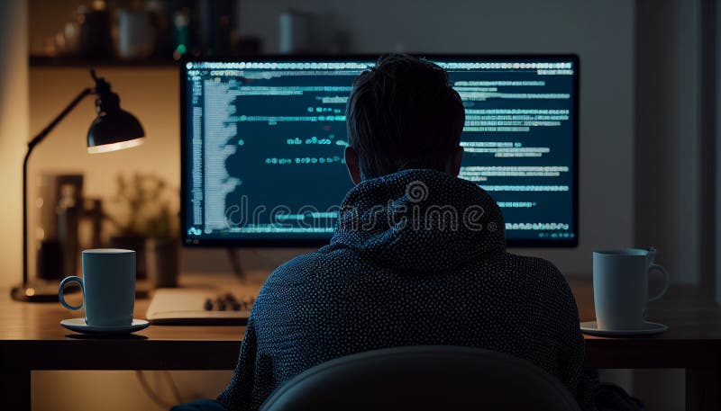 In His Office, a Guy Programmer Sits in Front of a Computer Screen To ...