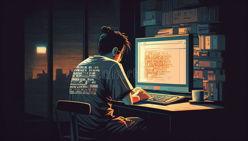 In His Office, a Guy Programmer Sits in Front of a Computer Screen To ... In His Office, a Guy Programmer Sits in Front of a Computer Screen To ...