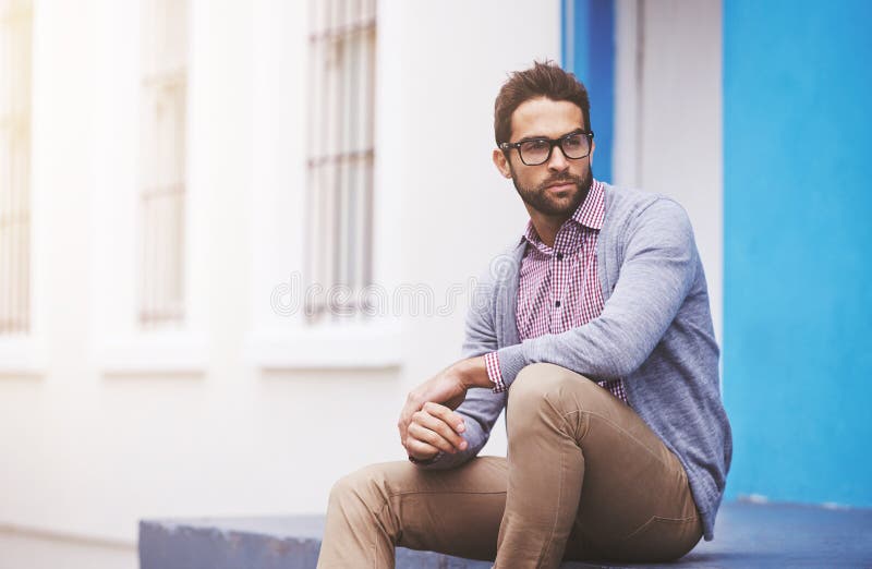 His Own Style. a Stylish Man Sitting on a Step Outside. Stock Image ...