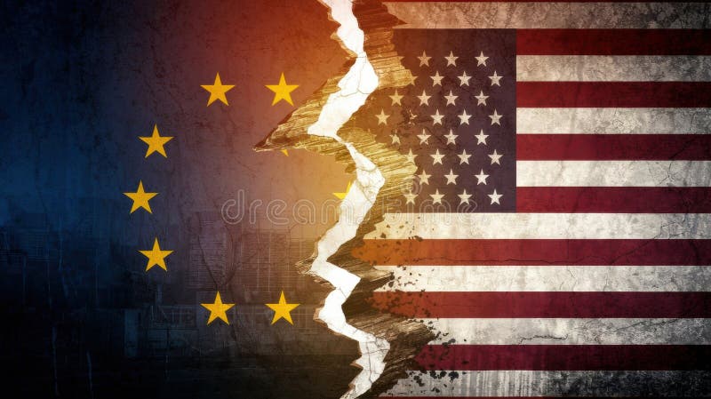 Cracked Wall Dividing European Union and US Flags – Political Tension ...