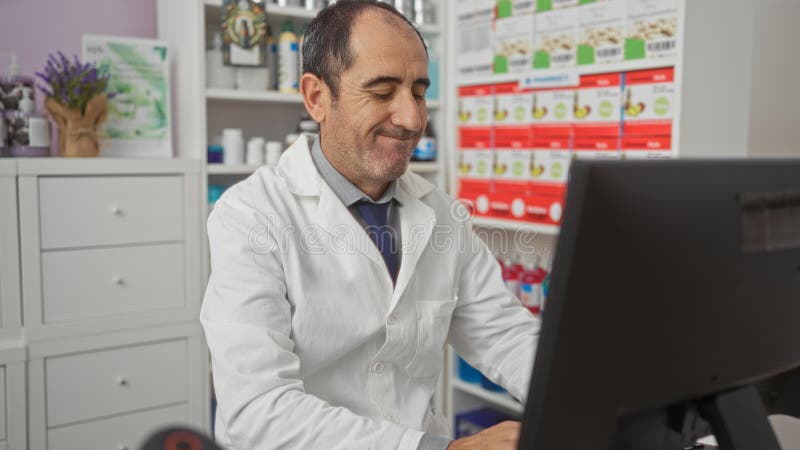 Hispanic Bald Mature Man Working in a Pharmacy Store Wearing a White ...