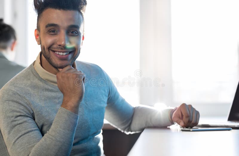 Hispanic Business Man Sit Desk Modern Coworking Space Happy Smiling ... Hispanic Business Man Sit Desk Modern Coworking Space Happy Smiling ...