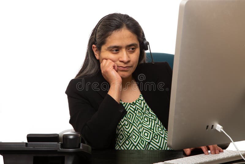 Hispanic Businesswoman Looks at Computer Stock Image - Image of people ...