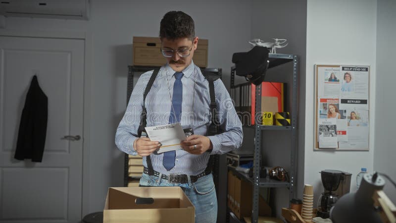 Hispanic Detective Analyzing Files in a Cluttered Police Department ...