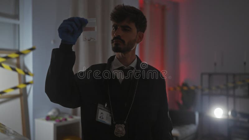 Hispanic Detective Man Examines Evidence at Indoor Crime Scene with ...